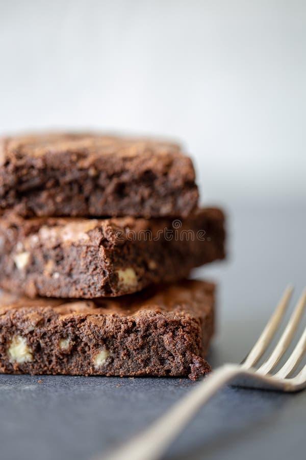 Chocolate Brownies with Fork Close Up Pile of Three Stock Photo - Image ...