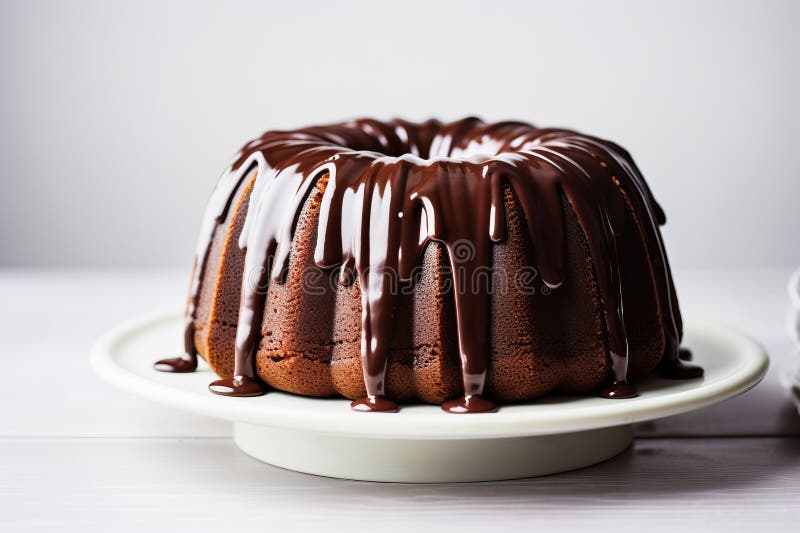Chocolate Bundt Cake Topped with Chocolate Glaze on White Table Stock ...