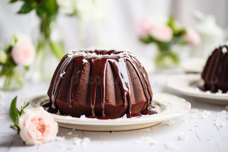 Chocolate Bundt Cake Topped with Chocolate Glaze on White Table Stock ...