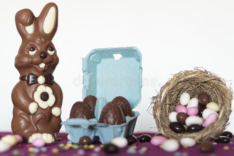 Chocolate Bunny, Egg Carton with Chocolate Eggs and Bird Nest with ...