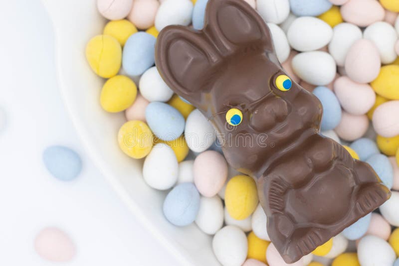 Chocolate Bunny Laying on Candy Eggs Stock Photo - Image of food ...