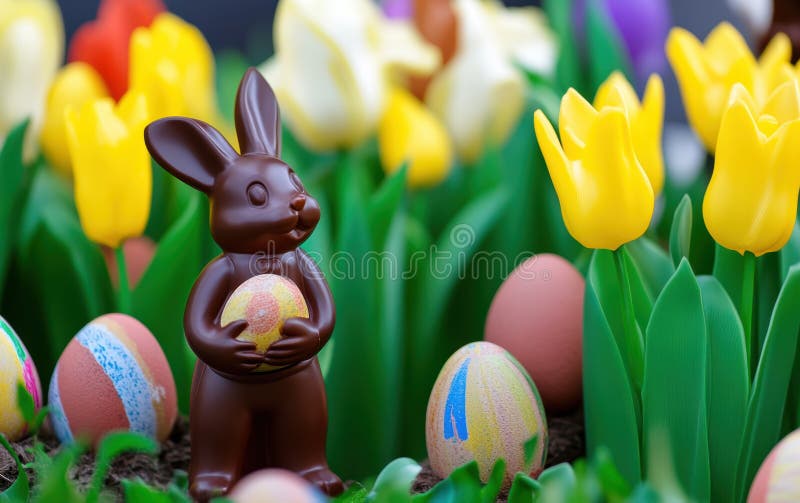Chocolate Bunny Sits Basket Colorful Eggs Lush Green Grass Stock Photos ...