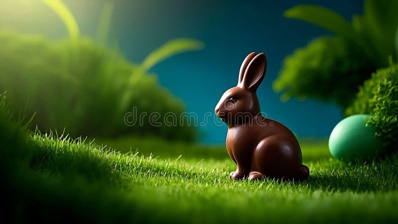 A Chocolate Bunny Sitting on Green Grass with an Easter Egg in a Bright ...