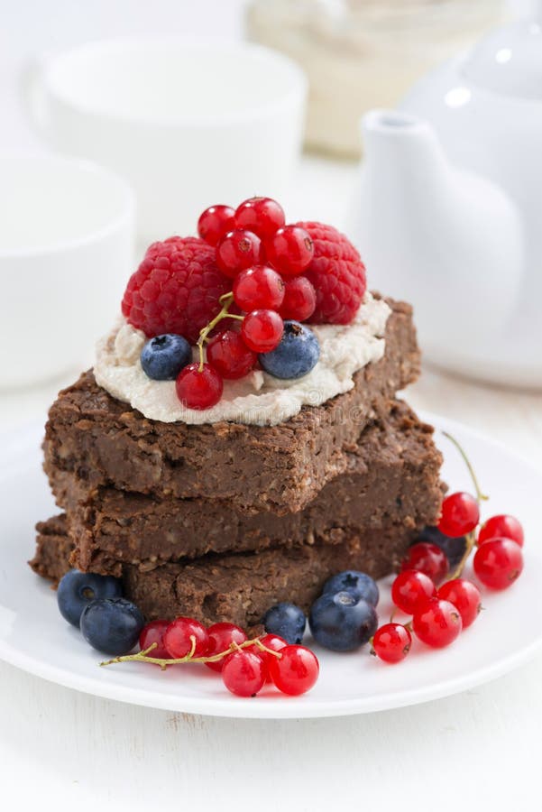 Chocolate Brownie Cake with Nuts and Fresh Berries Stock Photo - Image ...