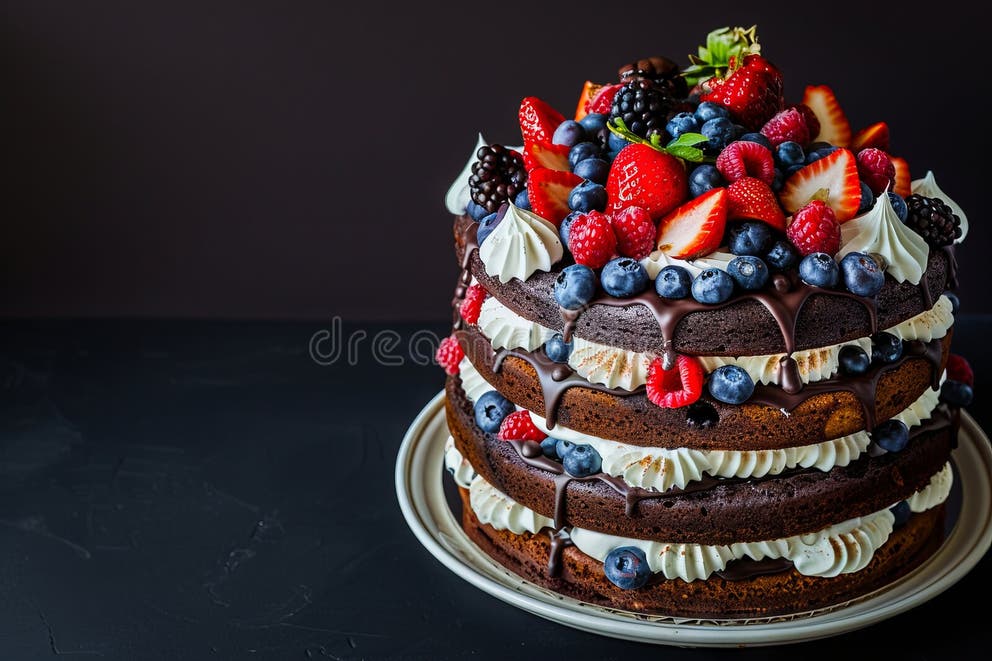 A Chocolate Cake with Berries and Cream on Top Stock Photo - Image of ...