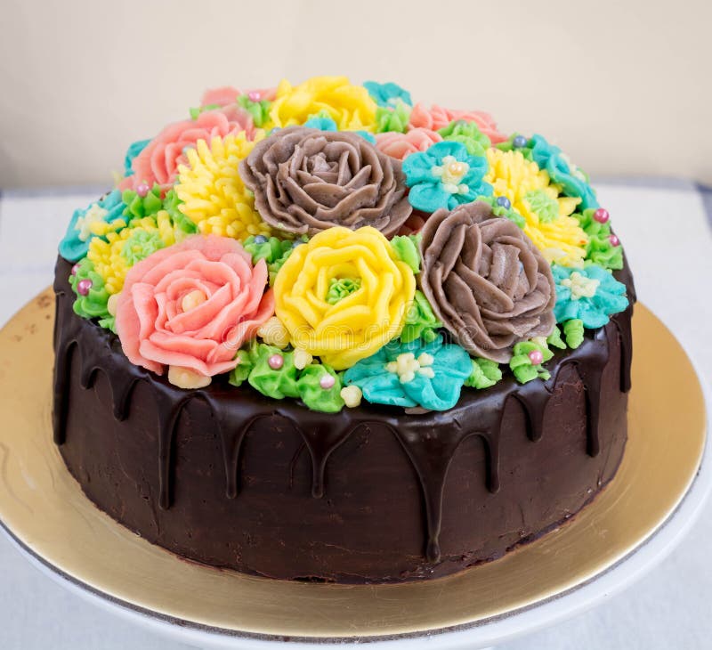 Chocolate Cake with Buttercream Flowers Stock Image - Image of dessert ...