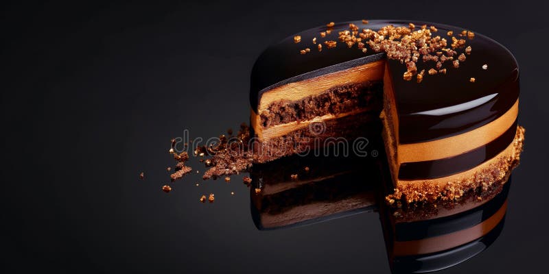 A Chocolate Cake with Caramel Layers Exploding Outward, Set Against a ...