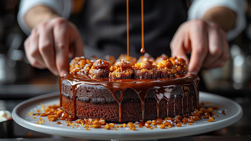 Chocolate Cake with Chef Hand Background, Generative AI Stock ...