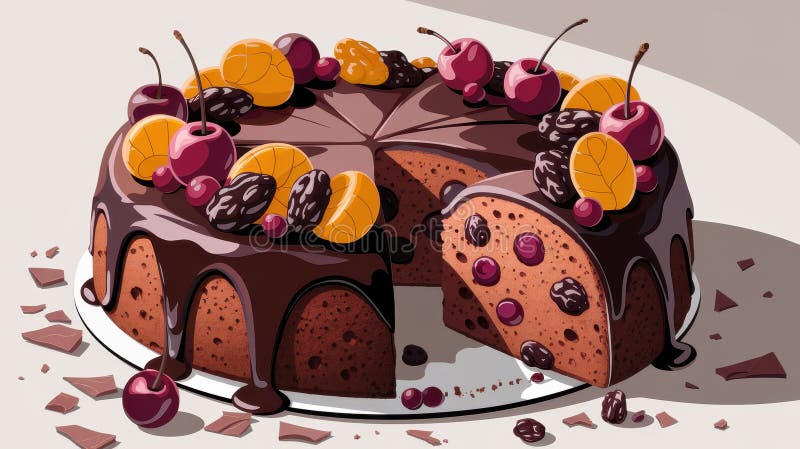 Chocolate Cake with Cherries and Oranges on Top Stock Illustration ...