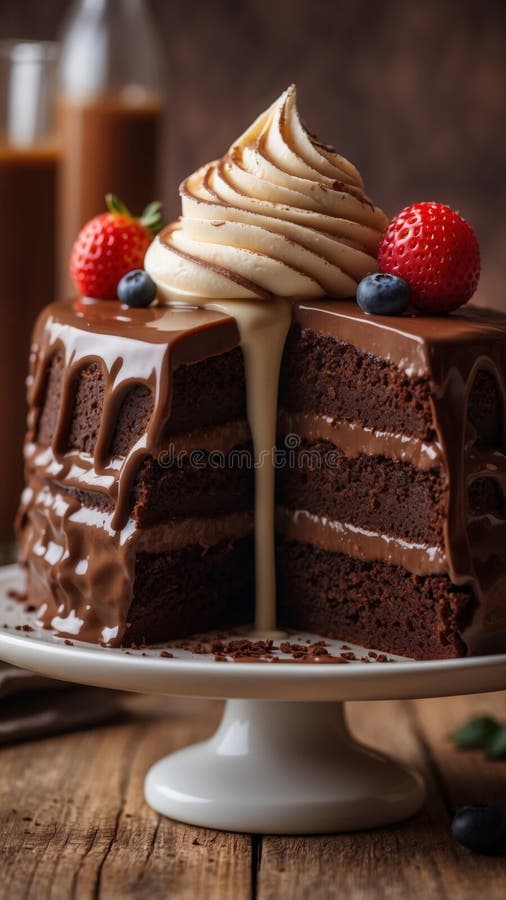 Chocolate Cake with Cream on a Wooden Stand. Stock Illustration ...