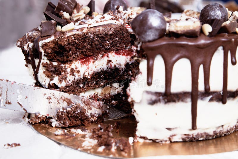 Chocolate Cake with Decor, White Cream and Jam Stock Photo - Image of ...