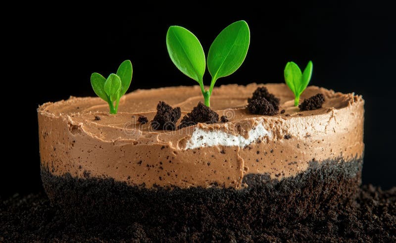 A Chocolate Cake Decorated with Soil and Sprouts. Stock Illustration ...