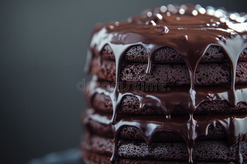 Chocolate Cake Dripping with Ganache Against Dark Background ...