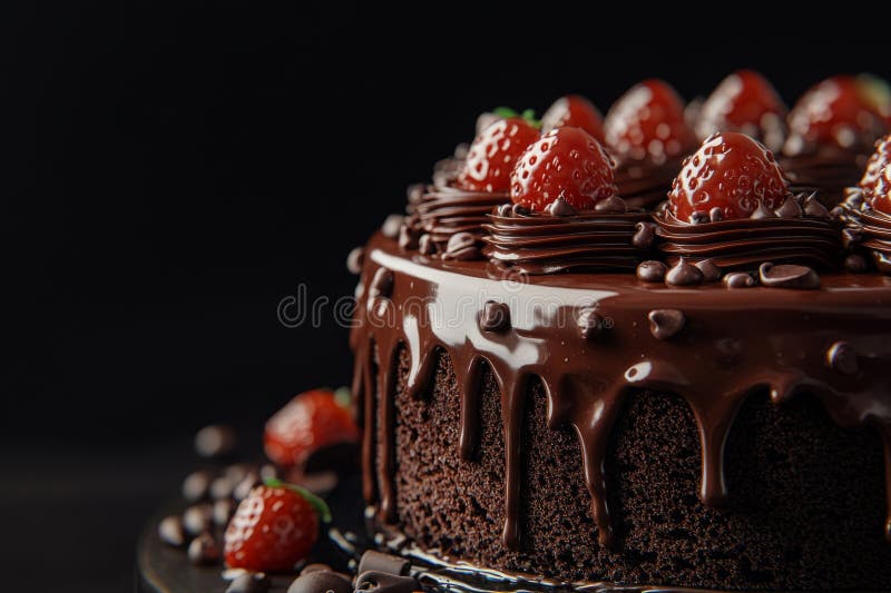 Chocolate Cake Dripping with Ganache, Decorated with Fresh Strawberries ...
