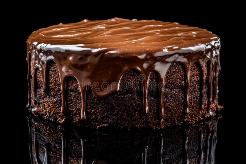 Chocolate Cake with Dripping Icing Reflecting on Dark Glass Surface ...