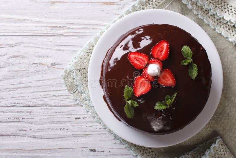 Chocolate Cake with Fresh Strawberries. Horizontal Top View Stock Image ...