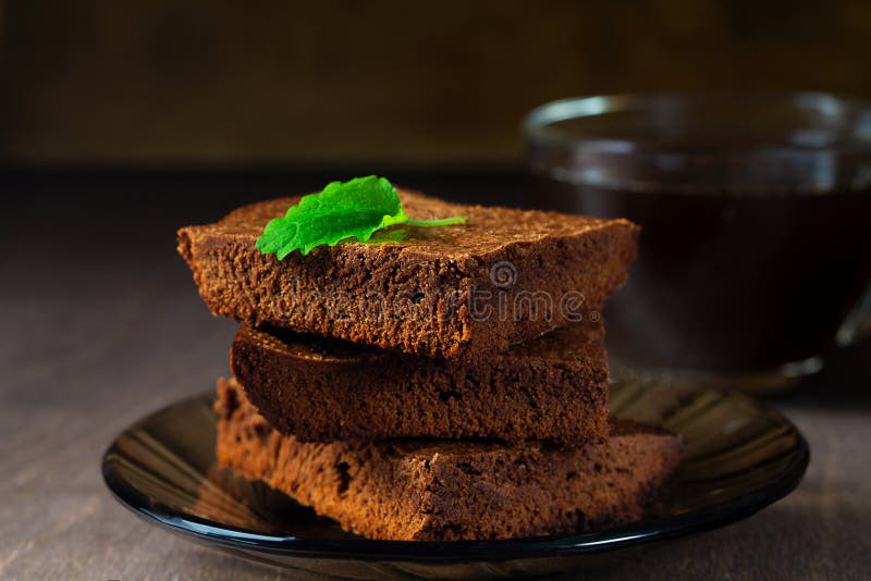 Chocolate Cake on a Plate.Dark Chocolate Brownie. Stack of Chocolate ...