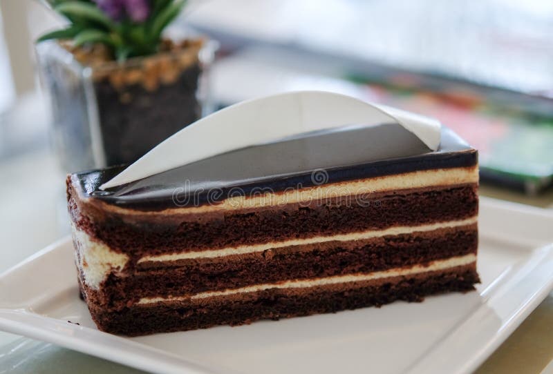 Chocolate cake on plate stock photo. Image of bakery - 103793416