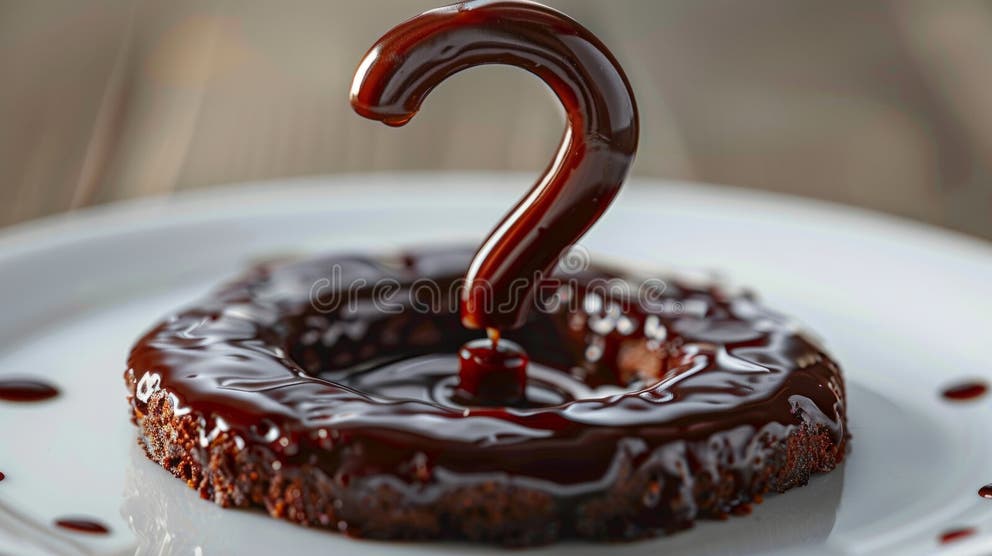 Chocolate Cake with a Question Mark Icing on Top, on a White Plate ...