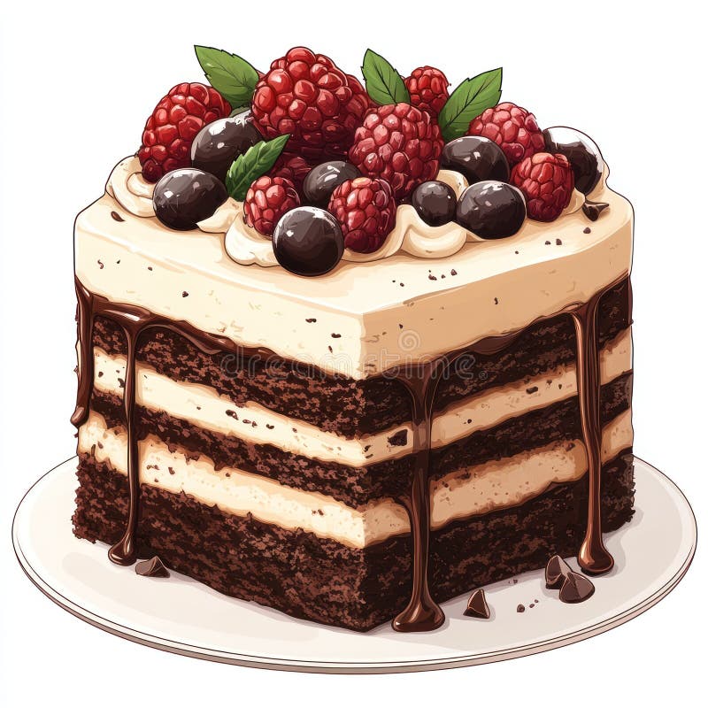 Chocolate Cake with Raspberries and Chocolate Drizzle - Illustration ...
