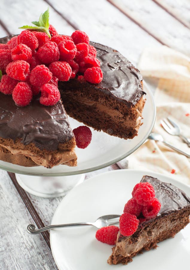 Chocolate Cake with Raspberries Stock Image - Image of plate, bake ...