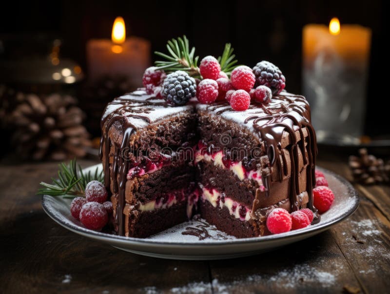 A Chocolate Cake with Raspberries and Chocolate Icing. Stock Photo ...