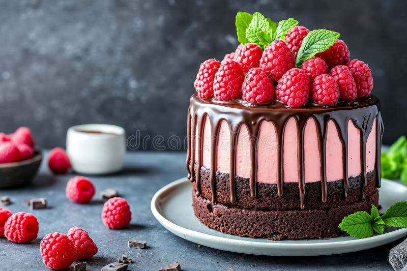 Decadent Chocolate Cake Raspberry Topping Dripping Ganache Stock Photos ...