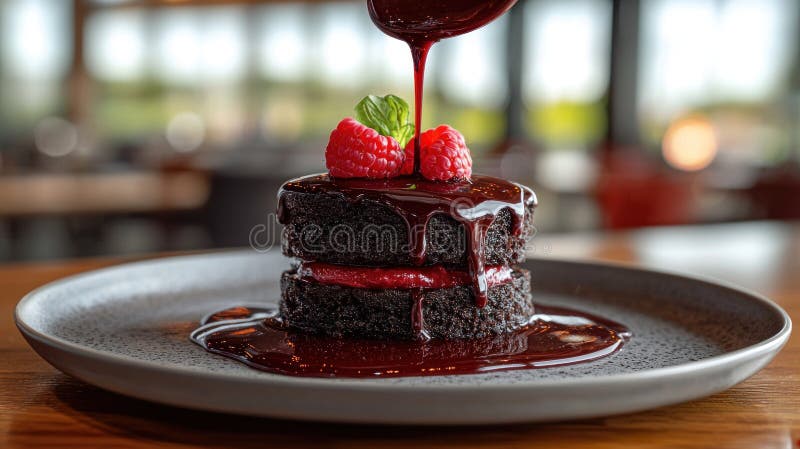 Title: Chocolate Cake with Raspberry and Sauce Pouring Stock ...