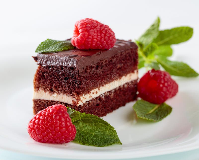Chocolate Cake with Raspberry and Mint. Stock Photo - Image of ...