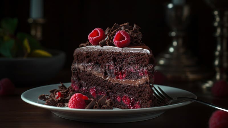 Chocolate Cake with Raspberry on Plate. Slice of Cake. Raspberry Cake ...