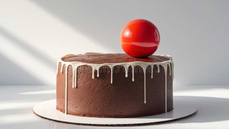 A Chocolate Cake with a Red Ball on Top and a White Frosting Drizzle ...