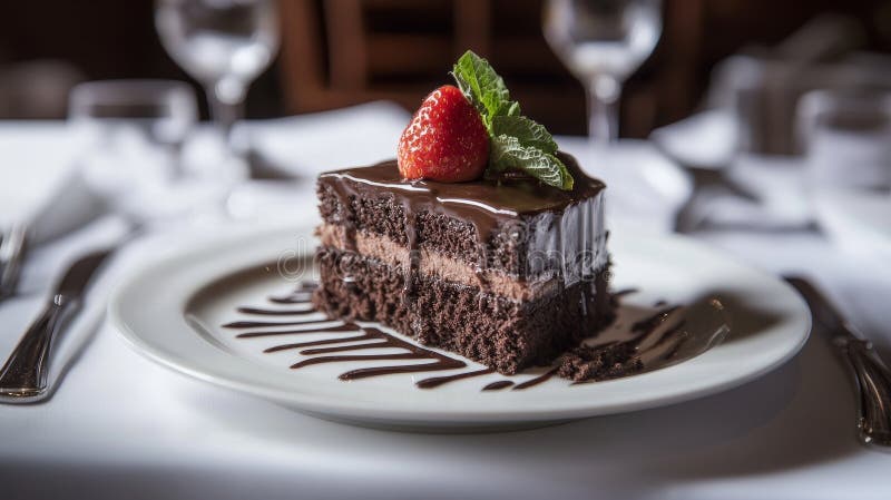 Chocolate Cake Sitting on a White Plate and Strawberry. Stock Photo ...