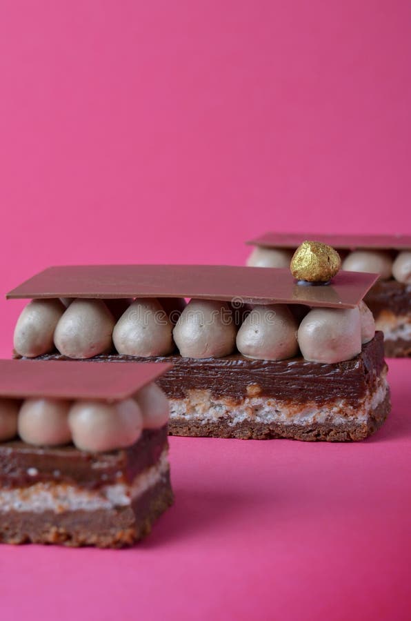 Chocolate Cake, Slice of Chocolate Pastry Cake on Pink Background Stock ...