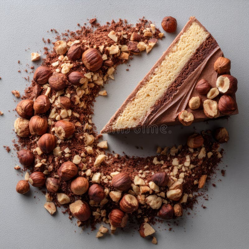 Chocolate Cake Slice Surrounded by Chopped Hazelnuts and Crushed ...