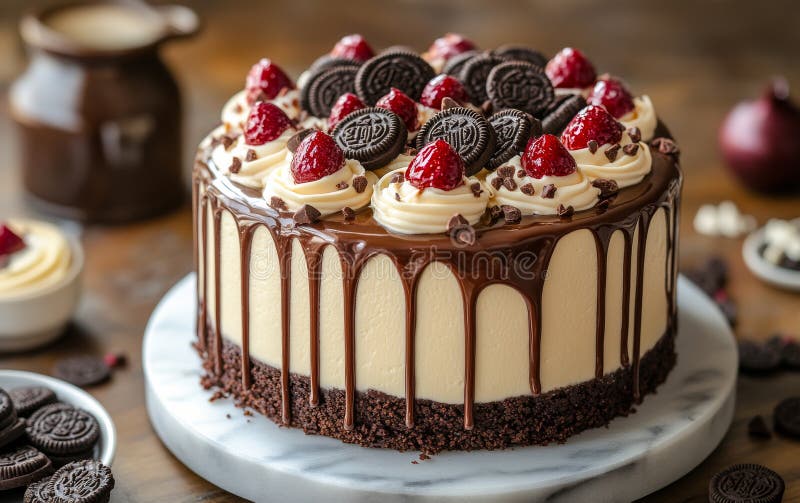 A Chocolate Cake with a White Frosting and a Drizzle of Chocolate Sauce ...