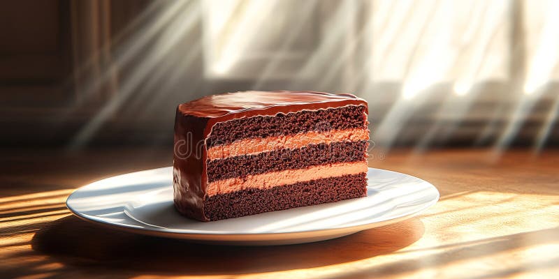 Chocolate Cake on a White Plate Illuminated by Warm Sunlight in a Cozy ...