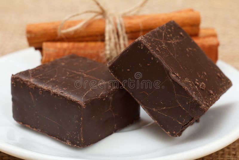 Chocolate Candies Rectangular Shape Put on White Plate with Cinn Stock ...