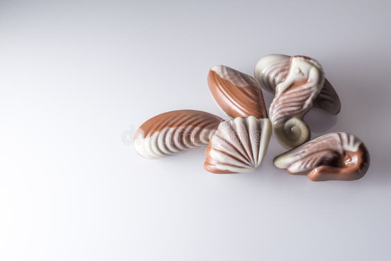 Chocolate Candy In The Form Of Sea Shells On White Table Stock Image ...