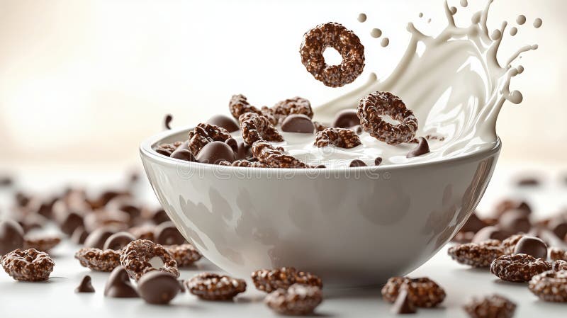 Chocolate Cereal Bowl with Milk Splash and Chocolate Chips on a White ...