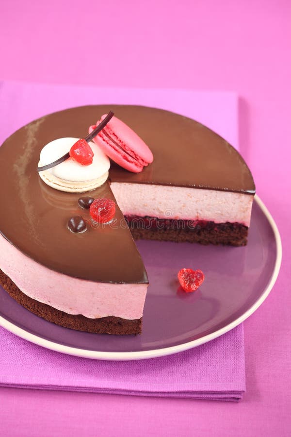 Chocolate Cherry Mousse Cake with Macarons Stock Image - Image of bake ...