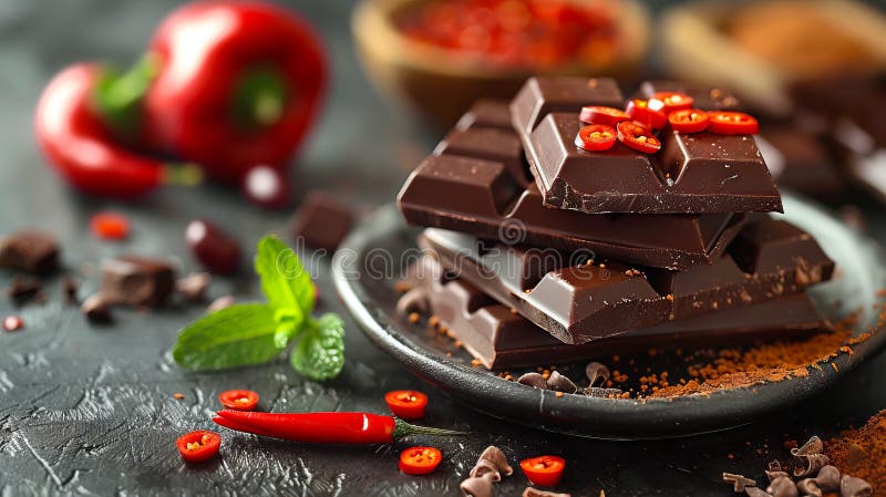 Chocolate and Chili Peppers on a Black Table Stock Photo - Image of ...