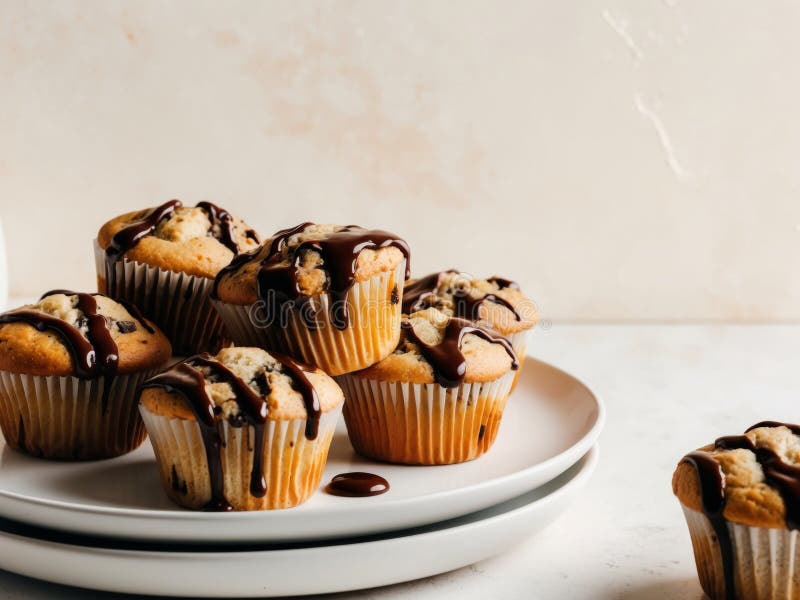 Chocolate Chip Banana Muffins with Chocolate Glaze on White Plate. Stock Photo - Image of filled ...