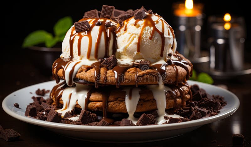 Chocolate Chip Brownie Cookie. a Stack of Cookies Covered in Ice Cream ...