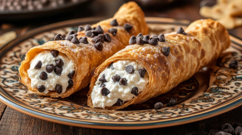 Chocolate Chip Cannoli on Ornate Plate Stock Illustration ...