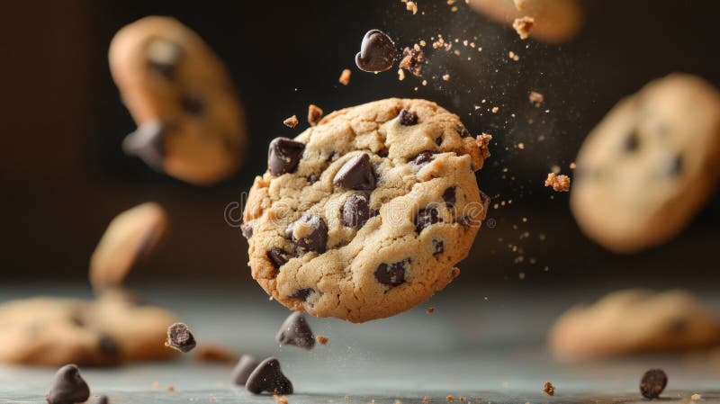 Chocolate Chip Cookie in Air with Crumbs and Dark Background Stock ...