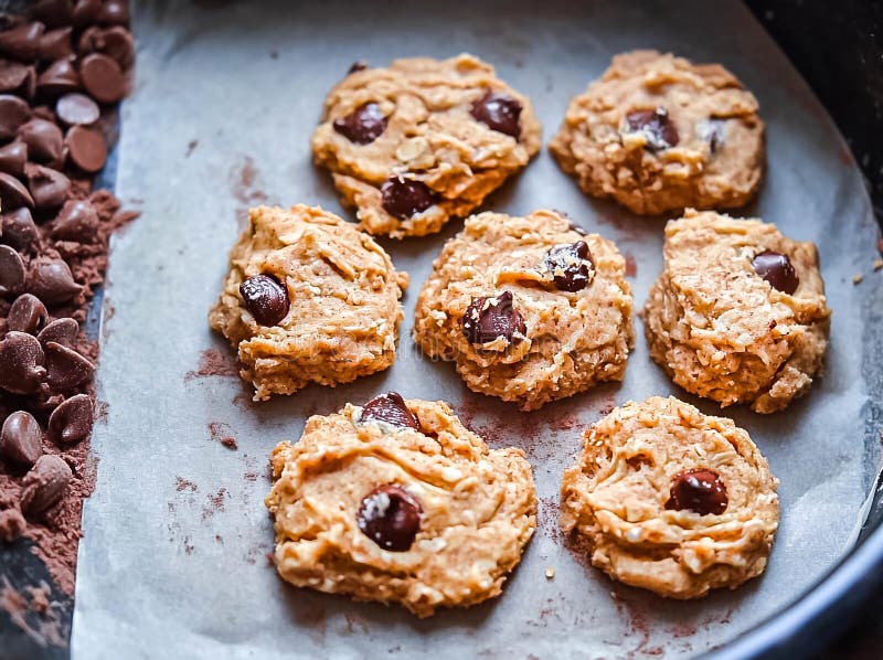 Chocolate Chip Cookie Dough Scooped on a Cookie Sheet Ready To Be Baked ...