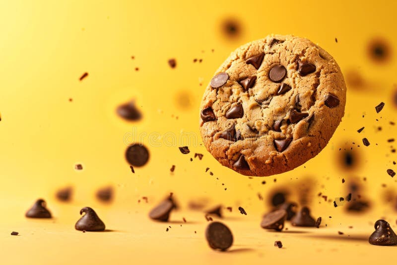 Chocolate Chip Cookie with Dynamic Chips Explosion on Yellow Background ...