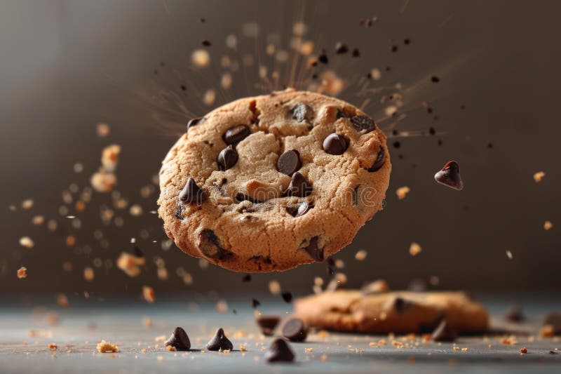 Chocolate Chip Cookie Exploding in Mid Air with Crumbs Stock Photo ...
