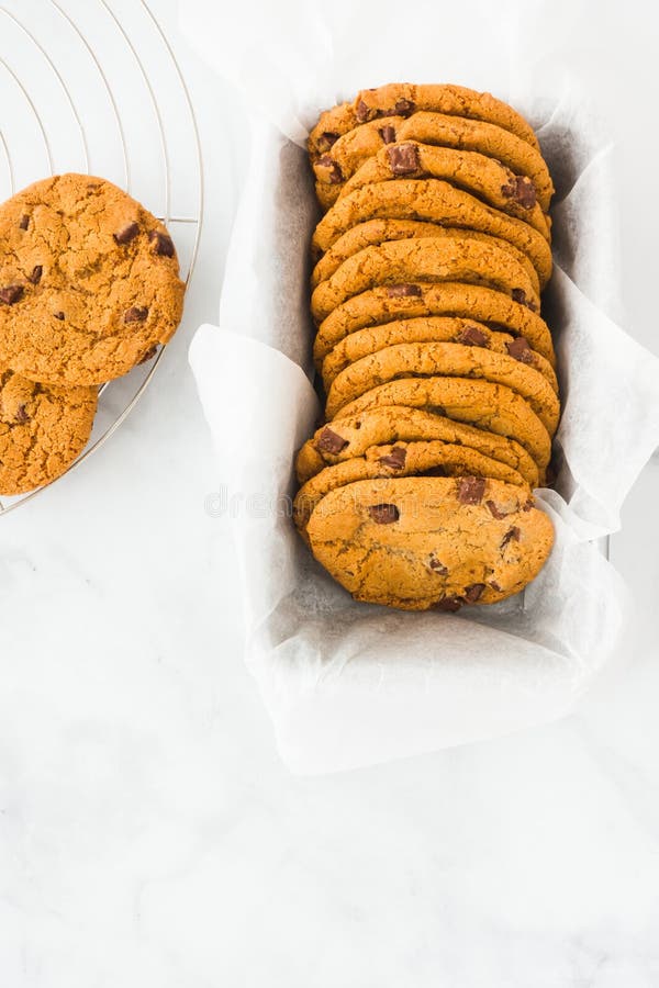Chocolate Chip Cookies in Baking Form and Cooling Rack Stock Image ...