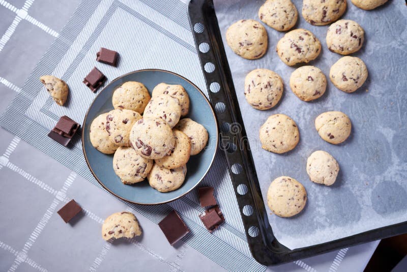 Chocolate Chip Cookies on Baking Tray at Domestic Kitchen Stock Image ...
